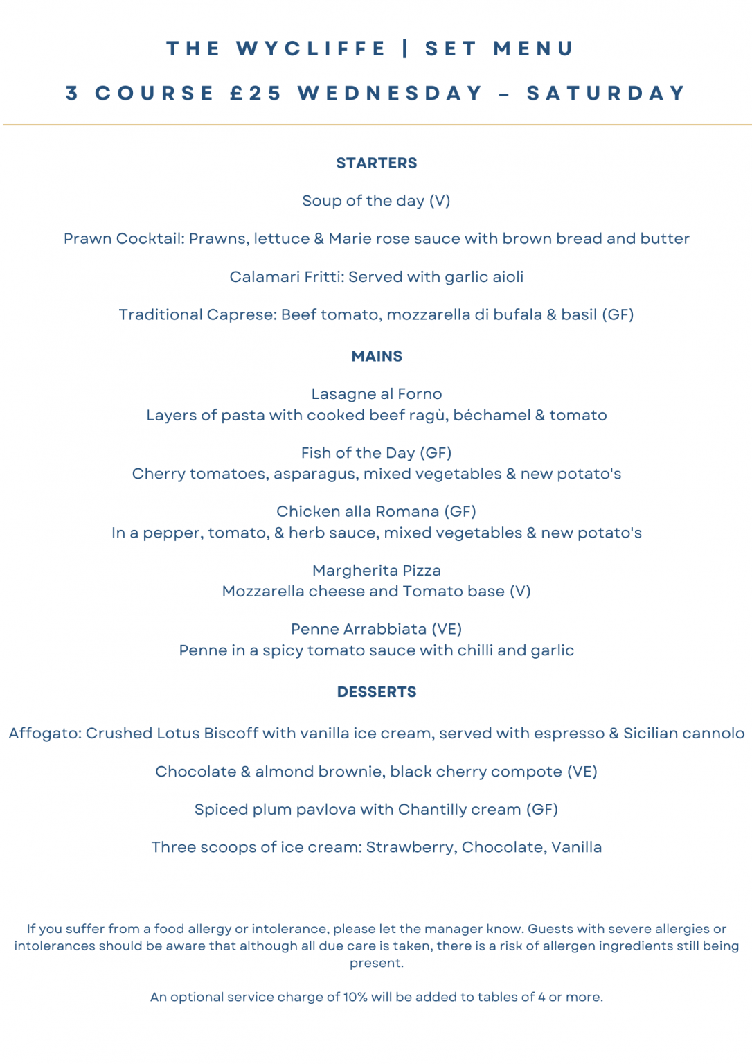 Set Menu - The Wycliffe Hotel