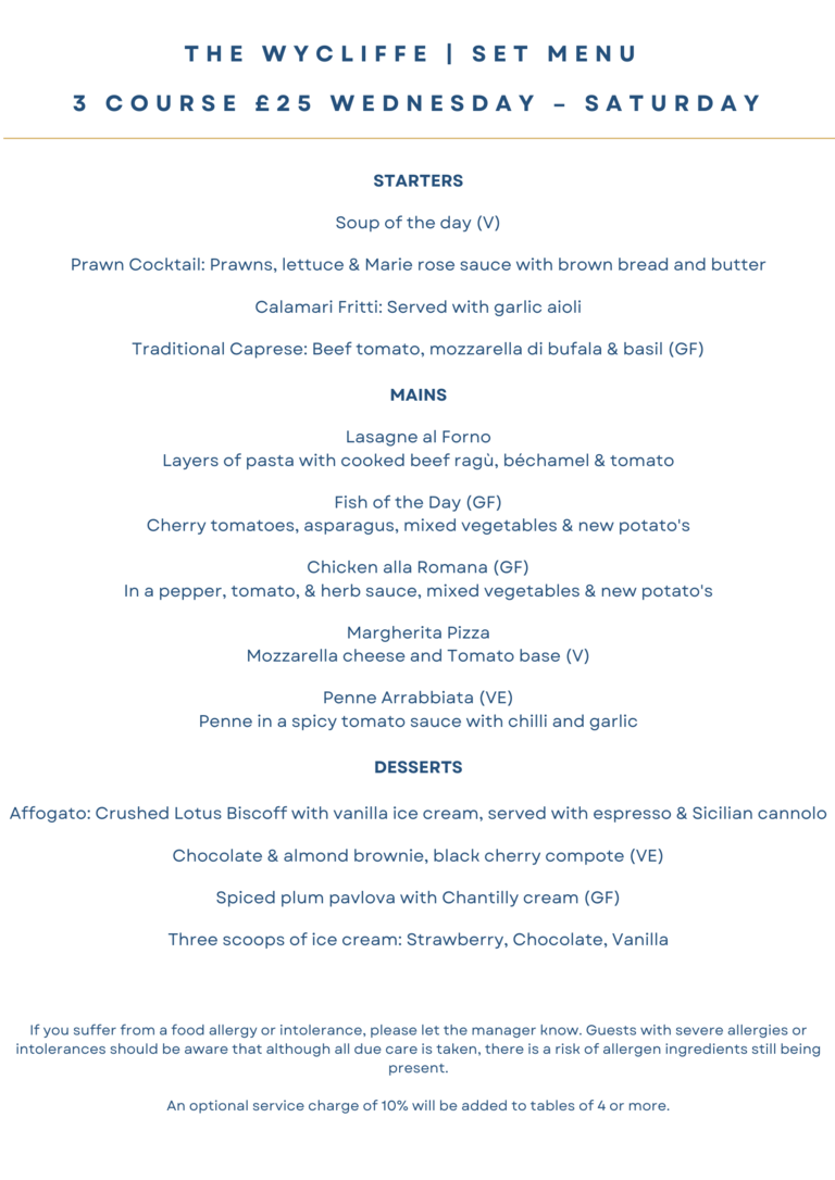 Set Menu - The Wycliffe Hotel